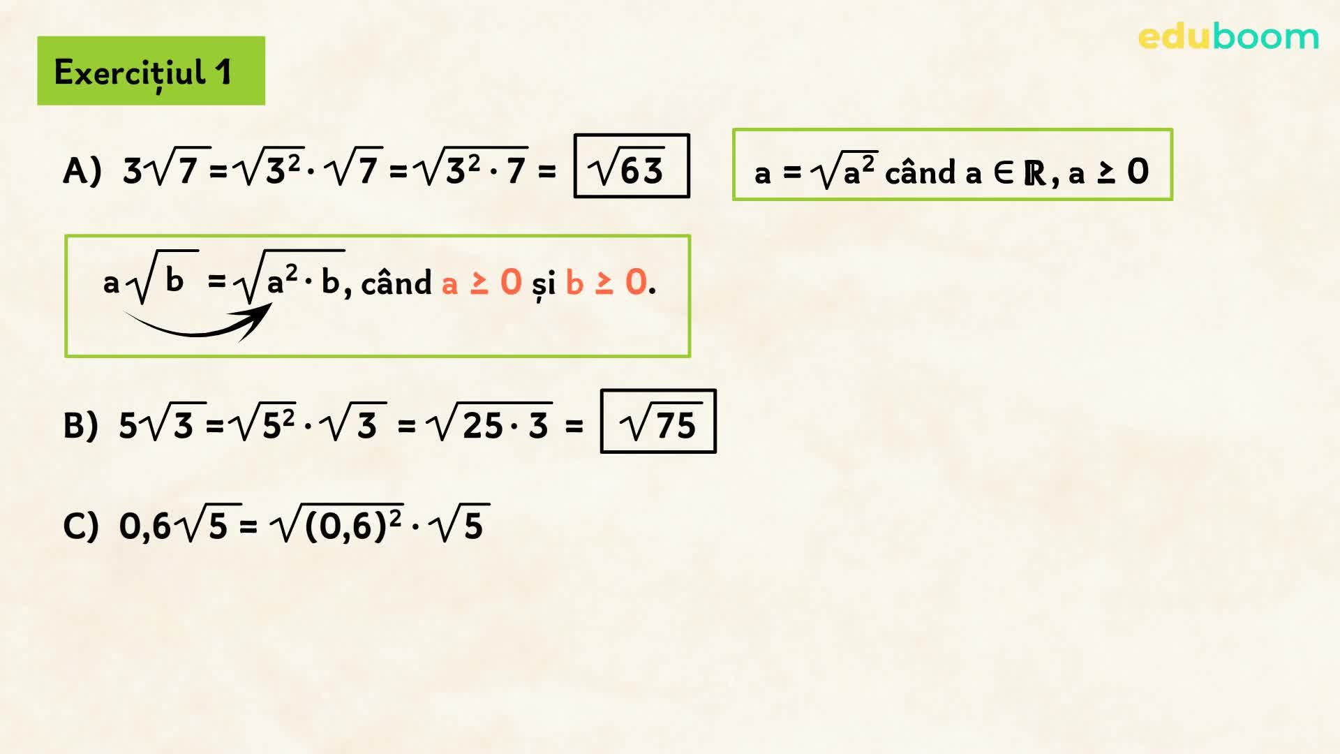 Introducerea factorilor sub radical. Matematica clasa a 7-a
